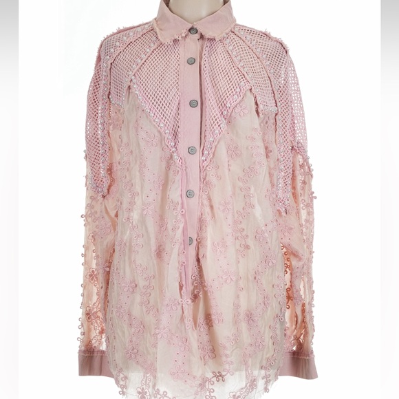 POL | Tops | Pol Womans Pink Boho Lace Mesh Buttondown Shirt Shacket ...